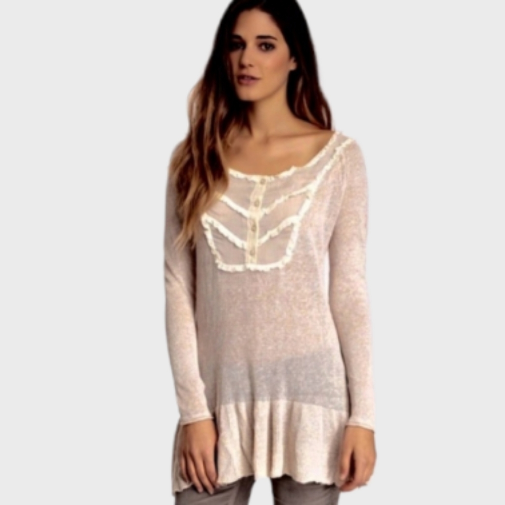 Free People Candy Yoke Linen Peplum Sheer Beige Pullo… - Gem